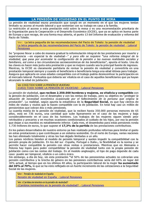 LA PENSIÓN DE VIUDEDAD EN EL PUNTO DE MIRA Laboral Pensiones
