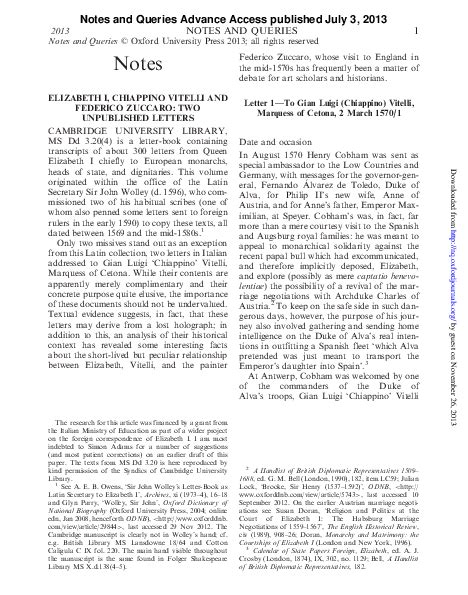 Pdf Elizabeth I Chiappino Vitelli And Federico Zuccaro Two Unpublished Letters Notes And