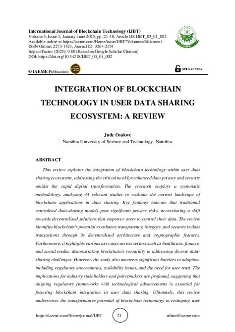 Pdf Integration Of Blockchain Technology In User Data Sharing Ecosystem A Review