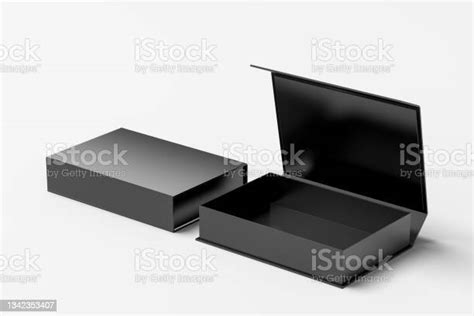 흰색 배경에 검은 색 이면 이면의 사각형 접이식 선물 상자가 모의로 닫혀 있습니다 측면 보기입니다 가냘픈에 대한 스톡 사진 및 기타 이미지 Istock