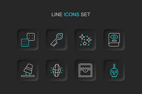 두개골 골동품 보물 상자 마법의 돌 게임 골무 고대 마법의 책 마법의 반짝이 입자 오래된 열쇠와 주사위 아이콘에 불타는 촛불을