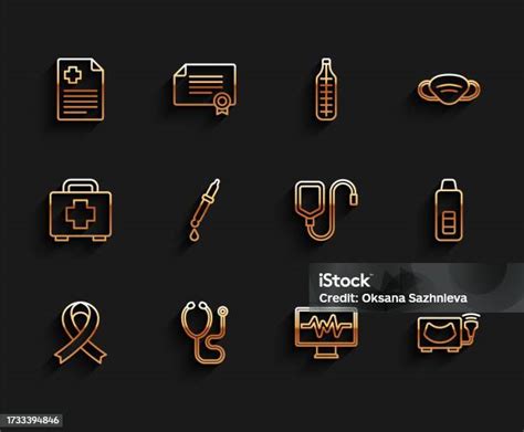 라인 인식 리본 청진기 환자 기록 심전도가 있는 모니터 초음파 피펫 디지털 온도계 및 Iv 가방 아이콘을 설정합니다 벡터 리본상에 대한 스톡 벡터 아트 및 기타 이미지