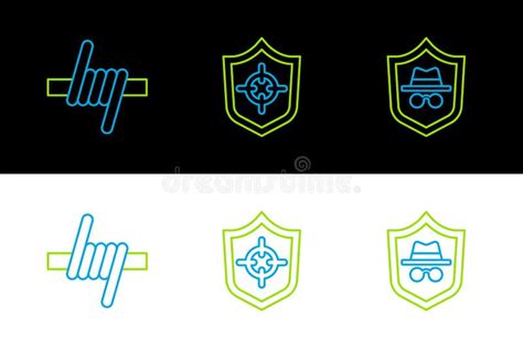 Set Line Incognito Mode Barbed Wire And Shield Icon Vector Stock Illustration Illustration