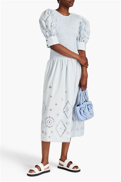 Ganni Shirred Broderie Anglaise Cotton Midi Dress The Outnet