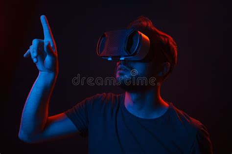 Man In Vr Glasses Touching Invisible Screen Stock Image Image Of