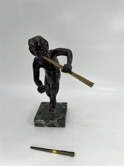 Pan Fife Faun 2 Brass Flutes Flauts Satyr Cast Bronze Sculpture 8 Marble Desk La Paz County