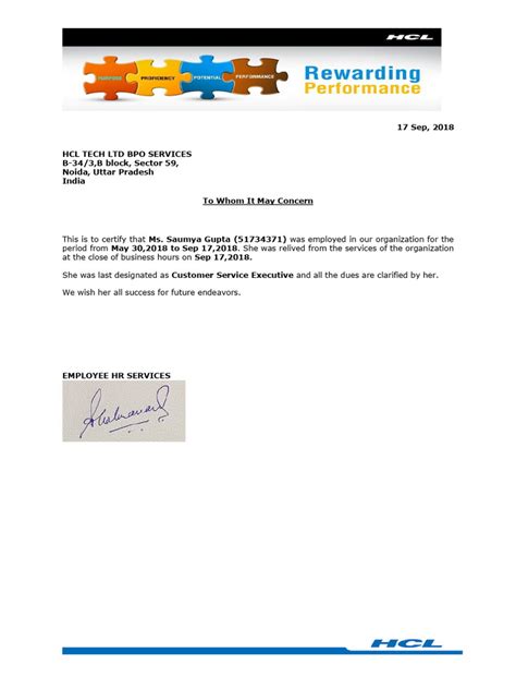 Hcl Tech Employee Certification Letter Pdf