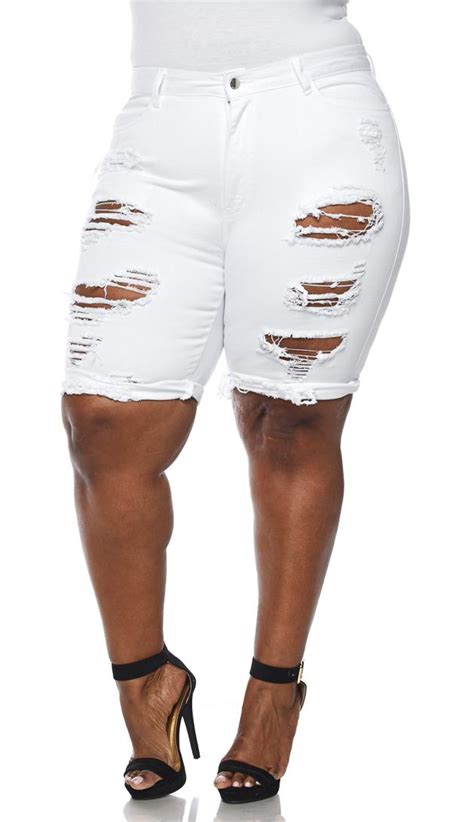 Plus Size High Waisted Distressed Bermuda Shorts In White