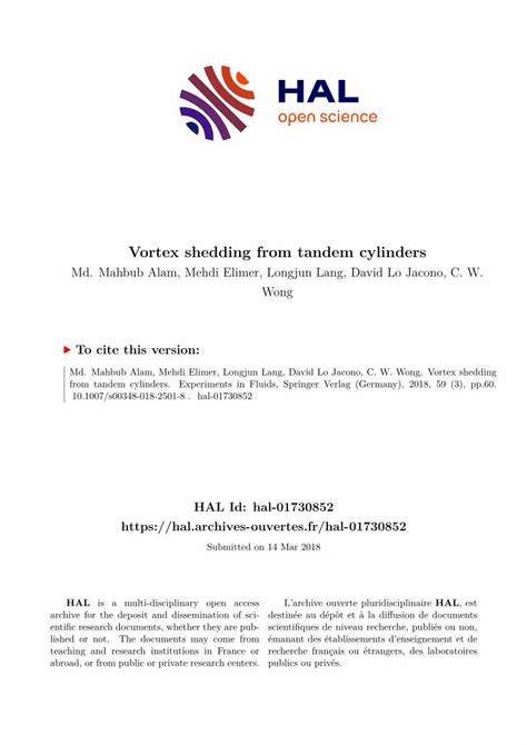 Pdf Vortex Shedding From Tandem Cylinders Dokumentips