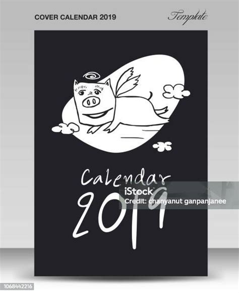 封面設計範本可愛的豬日曆 2019年 刻字曆 手繪豬卡通向量插圖可用於明信片 禮品卡 橫幅 海報 卡片和可列印 中國日曆向量圖形及更多2019