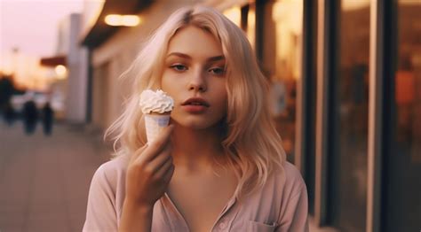 Premium Ai Image A Girl With Blonde Hair Holds An Ice Cream Cone In
