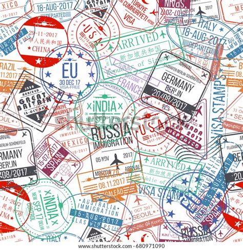 Passport Stamp Seamless Pattern International Arrivals Stock Vector