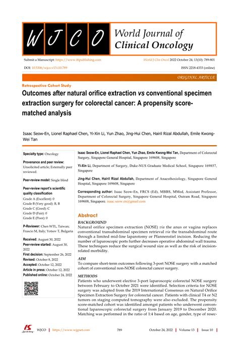 Pdf Outcomes After Natural Orifice Extraction Vs Conventional Specimen Extraction Surgery For
