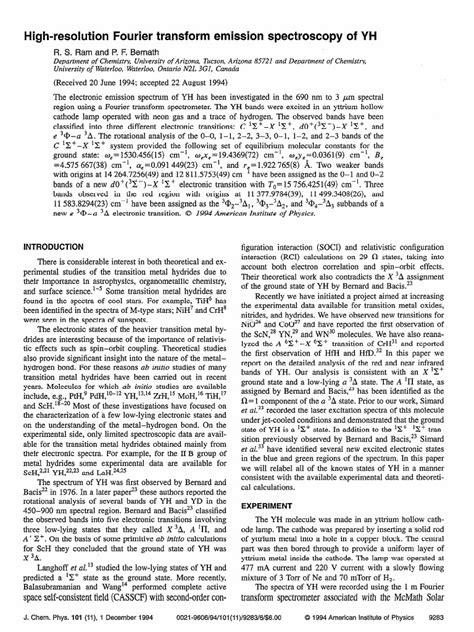 Pdf R S Ram And P F Bernath High Resolution Fourier Transform Emission Spectroscopy Of Yh