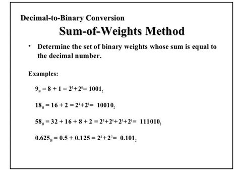 convert decimal to binary using sum of weights method