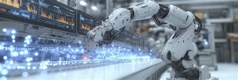 Industrial Robot In Action Amid Glowing Data Panels Stock Illustration
