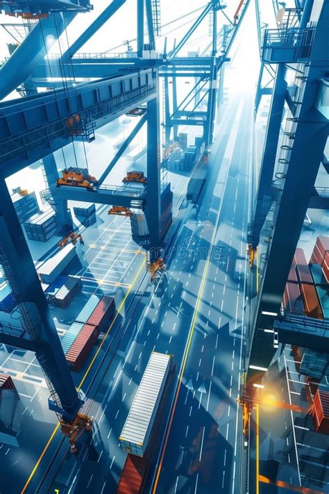 Aerial View Of Automated Cargo Port With Cranes And Containers Stock