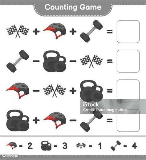 카운트와 매치 덤벨 레이싱 플래그 자전거 헬멧의 수를 계산하고 올바른 숫자와 일치시킵니다 교육 어린이 게임 인쇄 가능한 워크