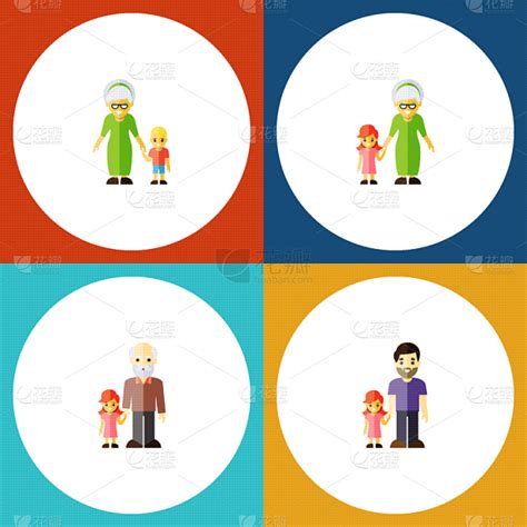 祖母家庭祖父计算机图标公寓可爱的女儿人男人布置