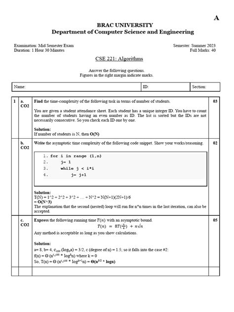 Solution Cse221 Mid Summer23 Pdf Time Complexity Algorithms