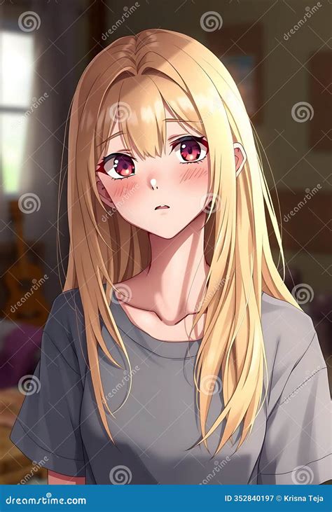 Blushing Anime Girl Long Blonde Hair Grey Shirt Soft Lighting Stock