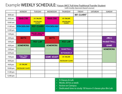 College Class Schedule Example