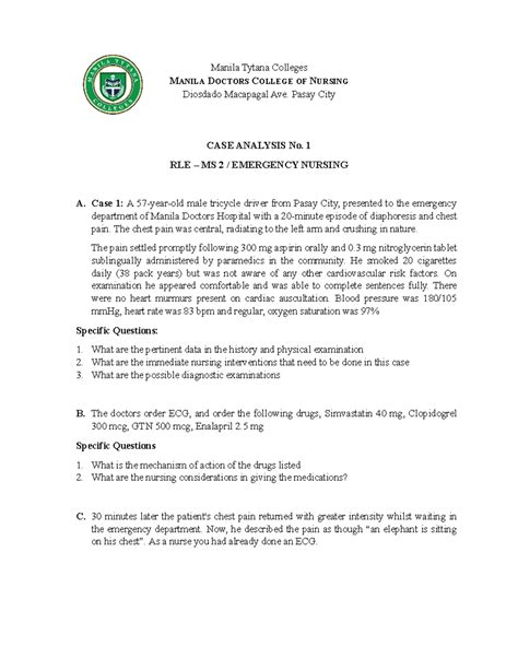 Case Study Case Analysis Med Surg Nursing Manila Tytana Colleges MANILA DOCTORS COLLEGE OF