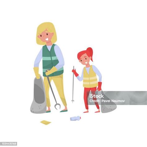 어머니와 쓰레기와 플라스틱 수집 조끼에 그녀의 Dughter 폐기물 재활용 환경 보호 및 교육 개념 벡터 일러스트 레이 션에