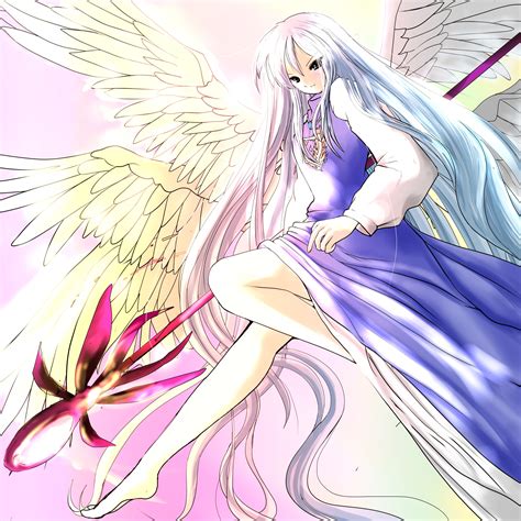 Safebooru 1girl Angel Wings Barefoot Black Eyes Crest Dress Gradient