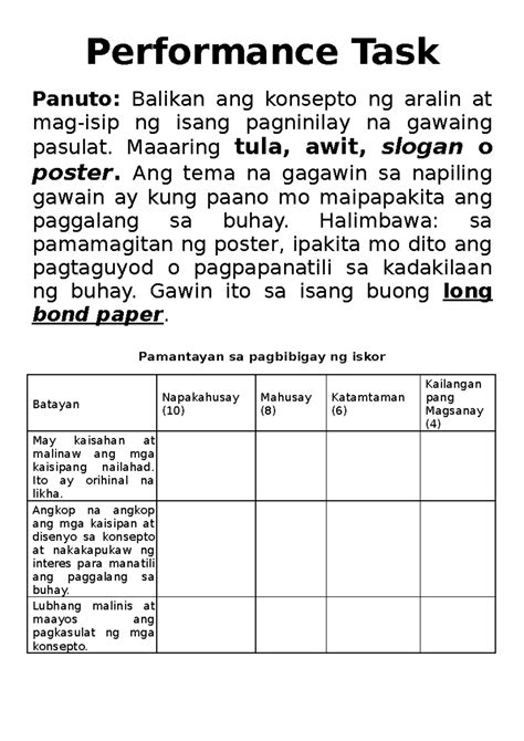 Performance Task ESP M3 Performance Task Panuto Balikan Ang Konsepto