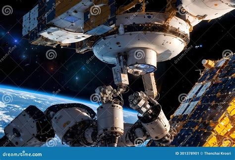 Ai Robotics Odyssey Exploring The Cosmos On A Satellite Ship Stock Illustration Illustration