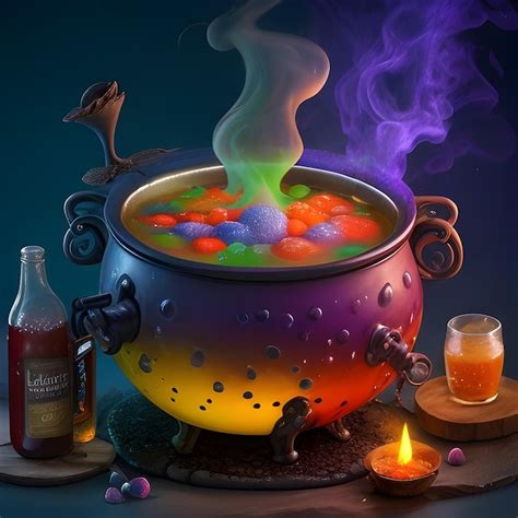 Premium Ai Image Magic Bottles Of Potion Composition With Large Pot