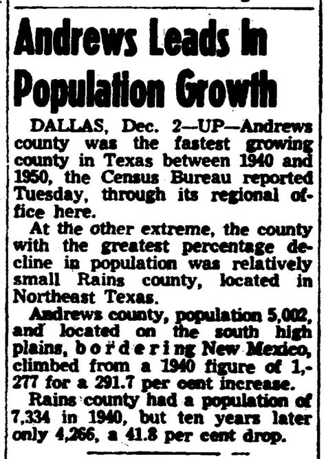 Andrews Leads In Population Growth 1952 Andrews County Tx Digital