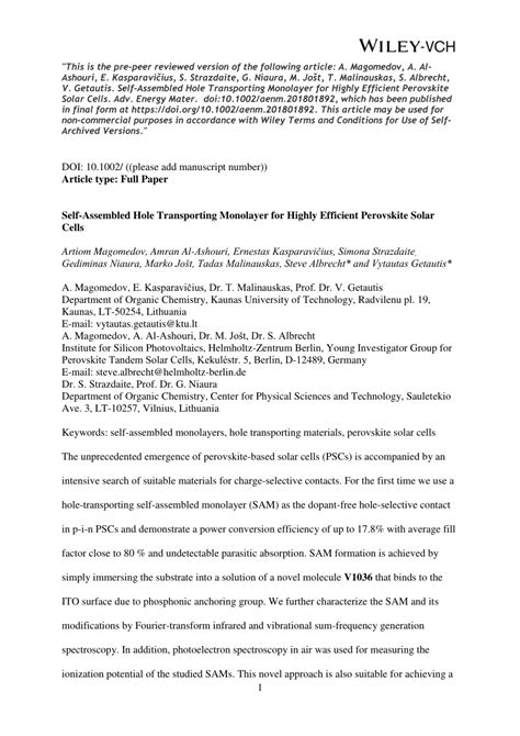 Pdf Self Assembled Hole Transporting Monolayer For Highly Efficient