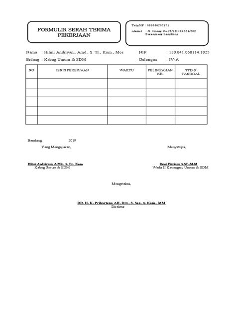 Form Serah Terima Pekerjaan Bu Hilmi Pdf