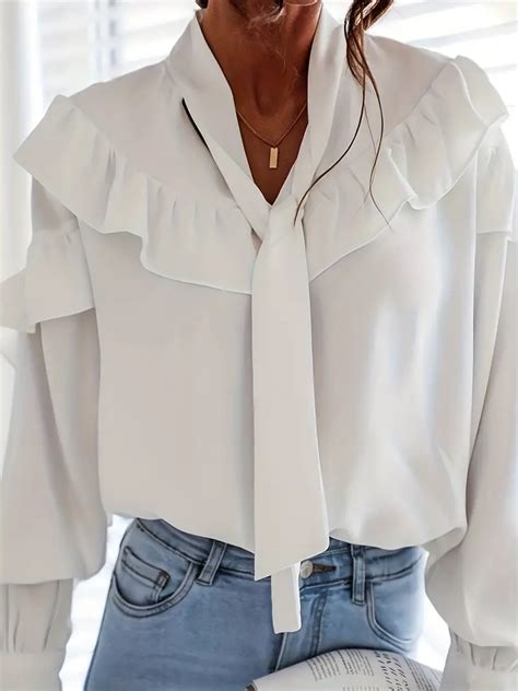 Tie Front Ruffle Trim Blouse Casual Solid Long Sleeve Blouse Temu