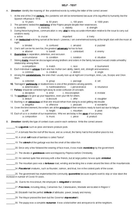 Self Test Grade 8 Assignments Self Test A Direction Identify
