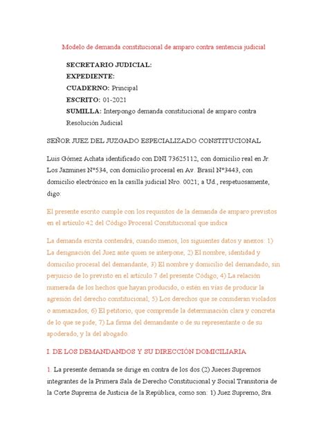 Modelo De Demanda Constitucional De Amparo Contra Sentencia Judicial