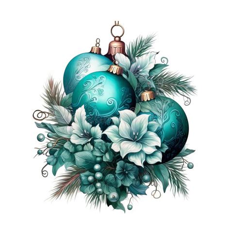 Teal Christmas Ornaments Decorations Vintage Style Watercolor Stock