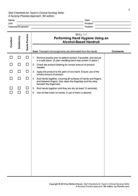 Skill 1 1 Hand Hygiene 1 Skill Checklists For Taylors Clinical Nursing Skills A Nursing