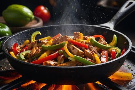 Sizzling Chicken Fajitas On Skillet Premium Ai Generated Image