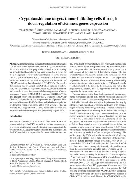Pdf Cryptotanshinone Targets Tumor Initiating Cells Through Down