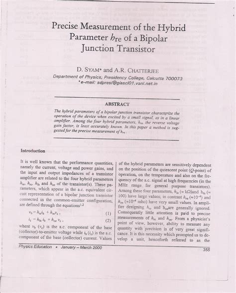 Pdf Precise Measurement Of The Hybrid Parameter Hre Of A Bipolar Junction Transistor