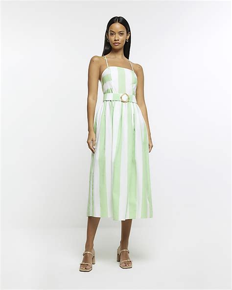 Green Stripe Belted Swing Midi Dress River Island