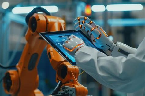 Premium Photo An Engineer Uses A Digital Tablet To Control A Robotic Arm In A Hightech