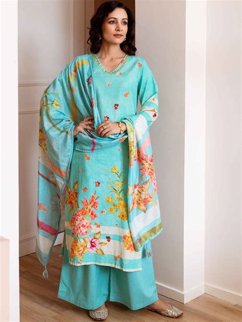 Buy Kalini Floral Printed Mirror Work V Neck Linen Straight Kurta With