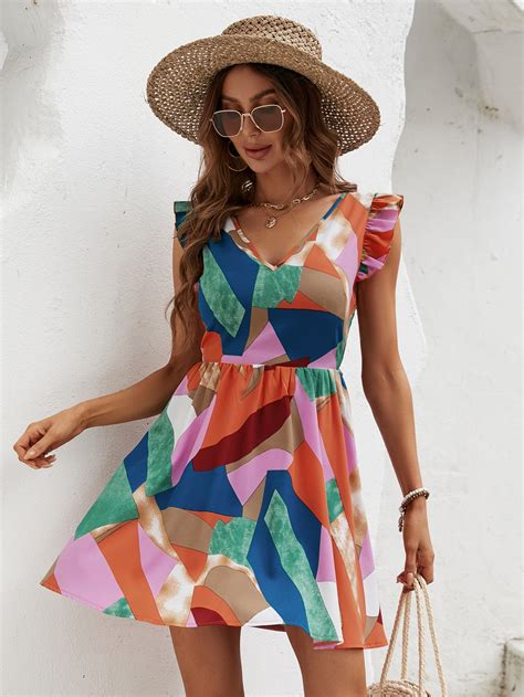 SHEIN VCAY Vestido Smock Con Estampado Ribete Con Fruncido De Espalda