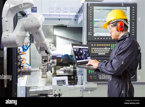 Maintenance Engineer Using Laptop Computer Control Automatic Robotic