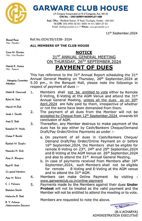 Payment Of Dues Garware Club House