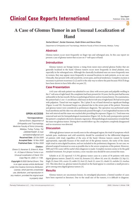 Pdf A Case Of Glomus Tumor In An Unusual Localization Of Hand